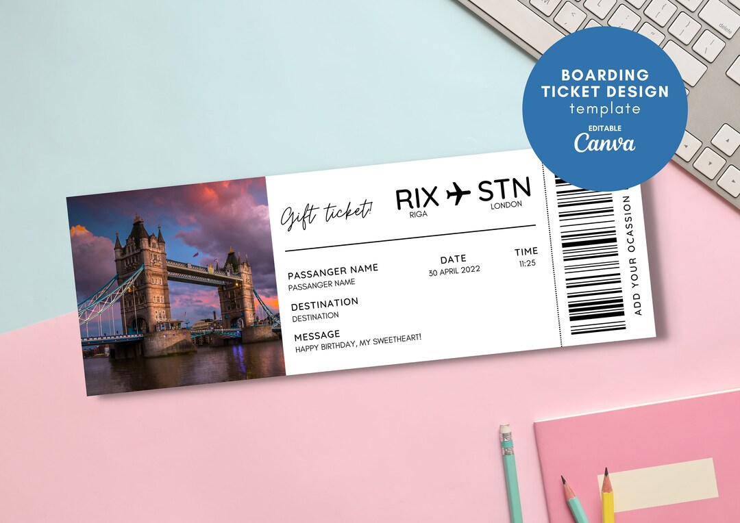 Plantilla de billete, billete de viaje sorpresa, billete de embarque editable, tarjeta de ...