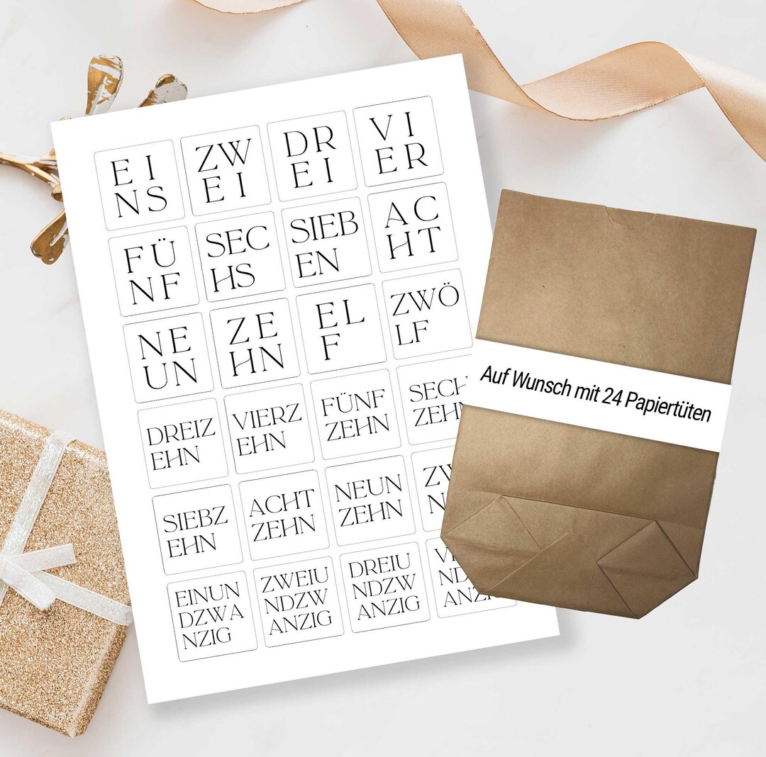 Advent Calendar With 24 Square Number Stickers Minimalist - Optionally ...