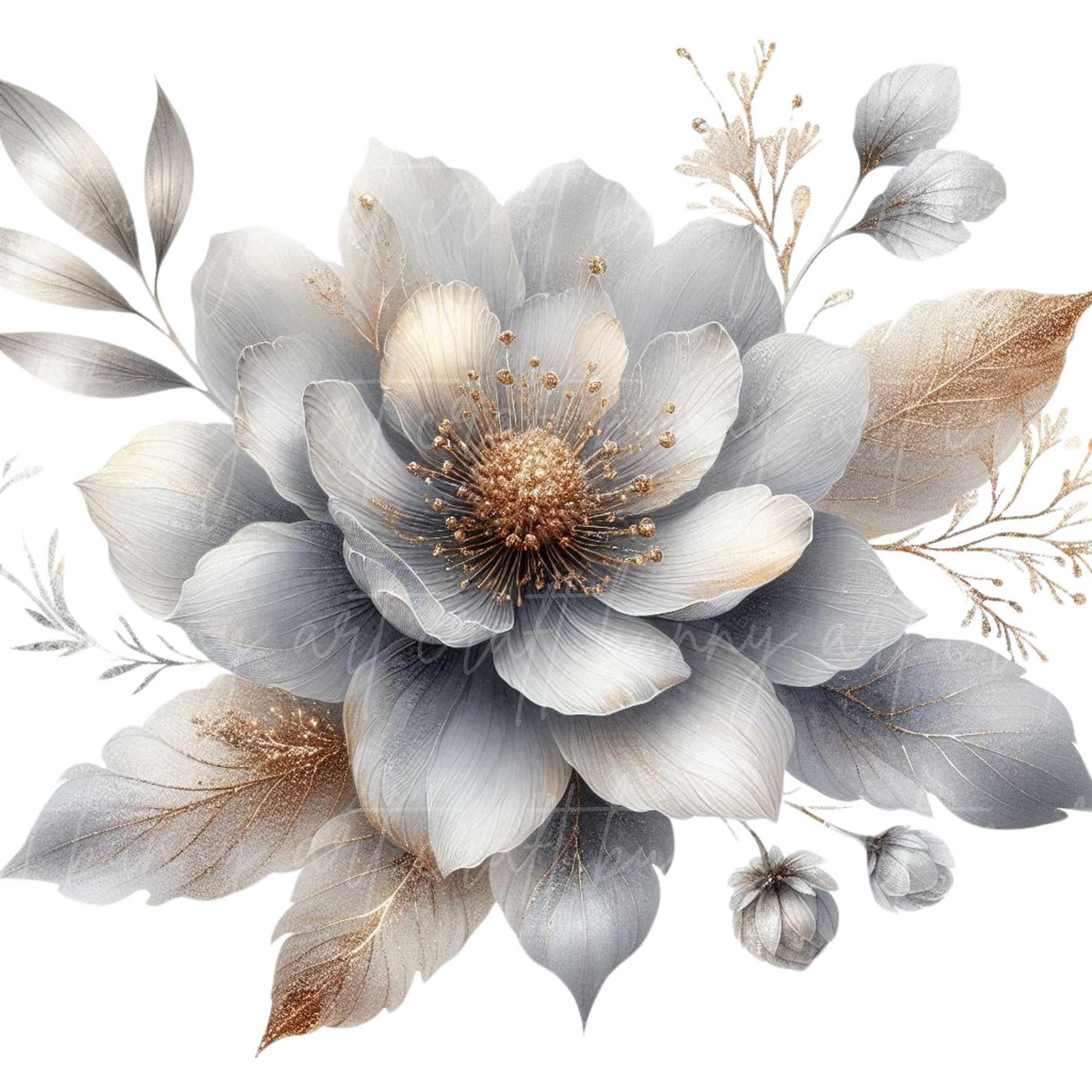 8 Abstract Silver Flowers Clipart Bundle , Flowers Print, Printable ...