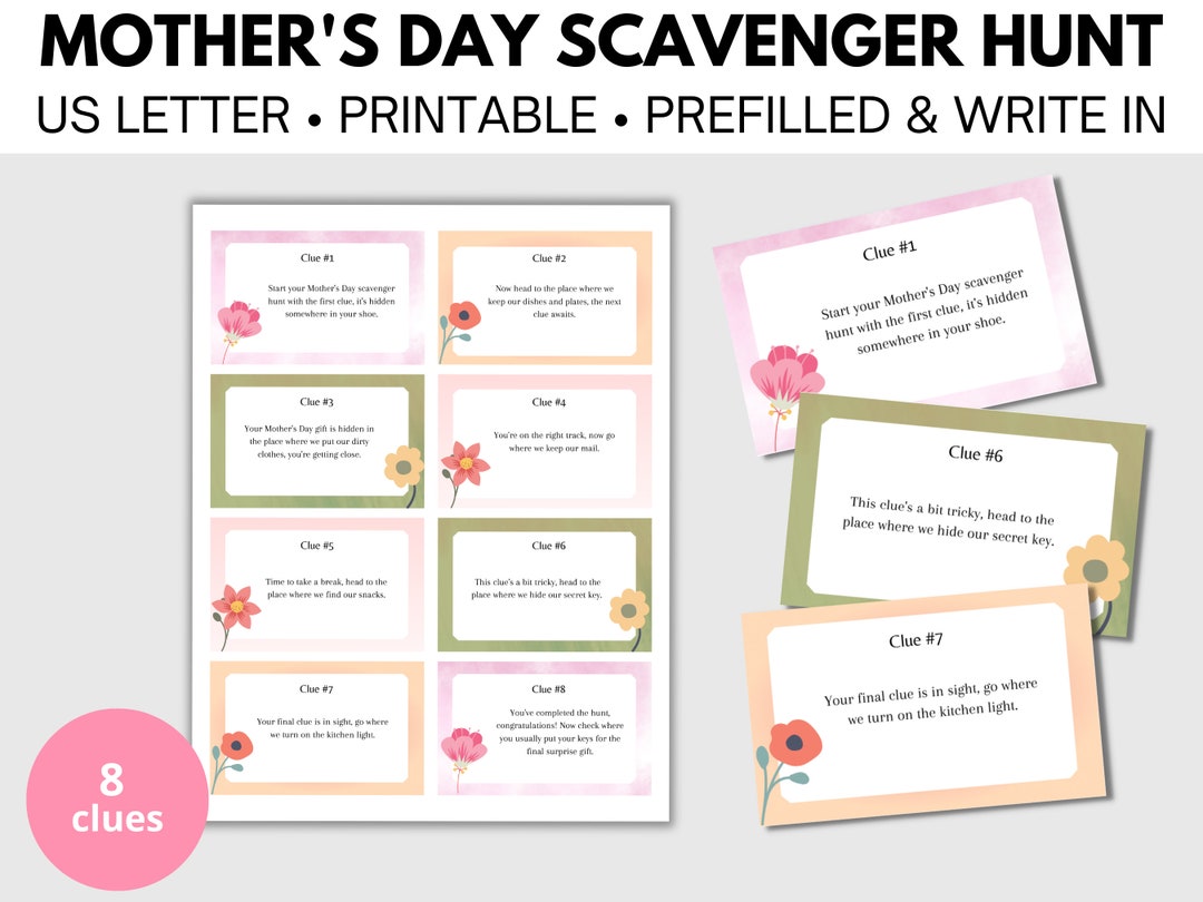 Mothers Day Scavenger Hunt, Scavenger Hunt Cards, Prefilled, Blank ...