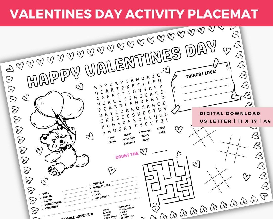 Valentines Day Activity Placemat, Coloring Activity and Placemat for ...