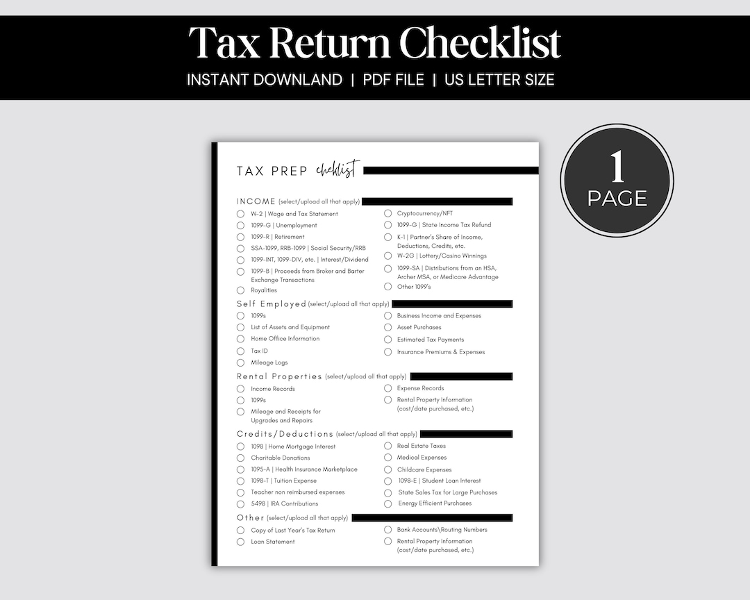 Tax Prep Checklist for Individuals, Self Employed, and Preparers for ...