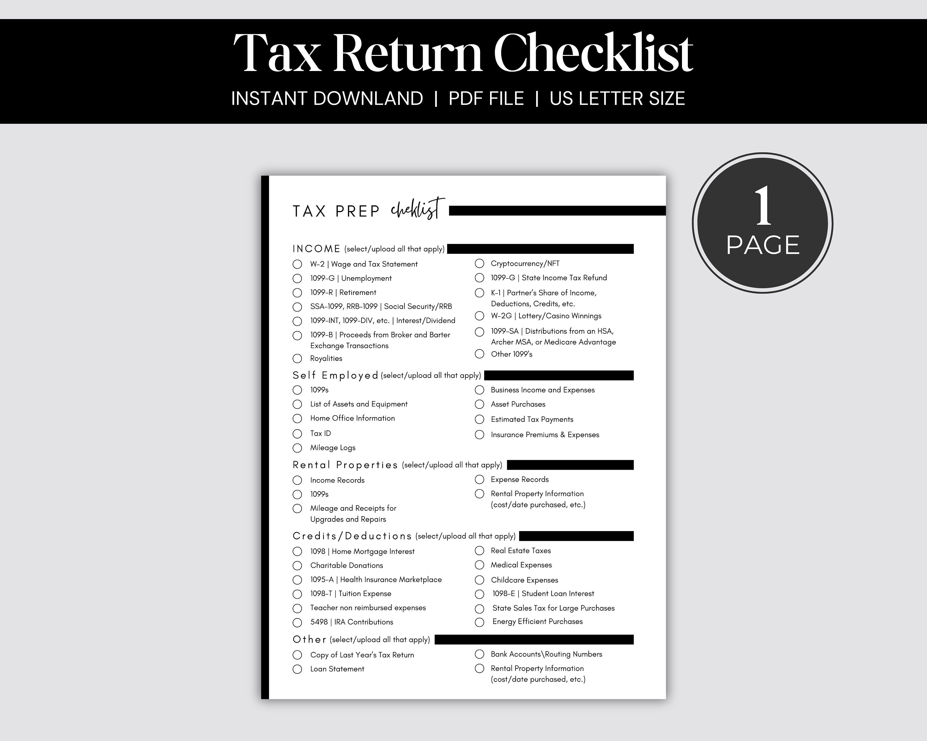 Tax Prep Checklist for Individuals, Self Employed, and Preparers for ...