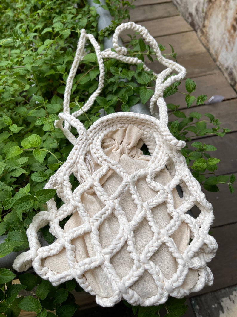 Crossbody Net Bag-crochet Net Bag-handmade Net Bag With Canvas Bag ...