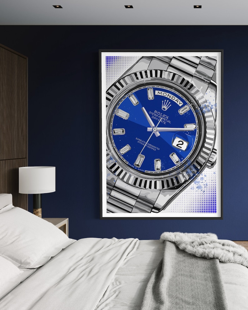 Rolex Blue Day Date Silver Art, Luxury Home Decor, Watch Enthusiast ...