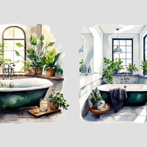 Watercolor Bathroom With Plants Clipart, 10 High Quality PNG Files ...