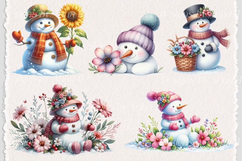 Snowman With Flowers Watercolor Clipart: 30 PNG Images (digital ...
