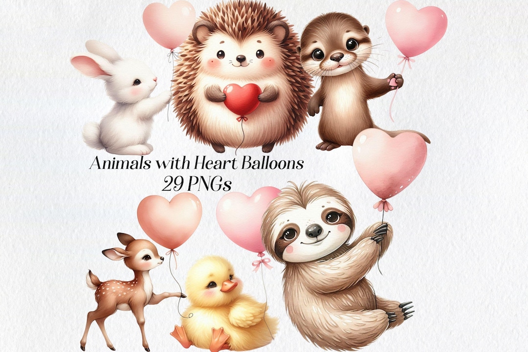 Valentine Animal Clipart, Heart Balloons, Nursery Graphics (PNG ...