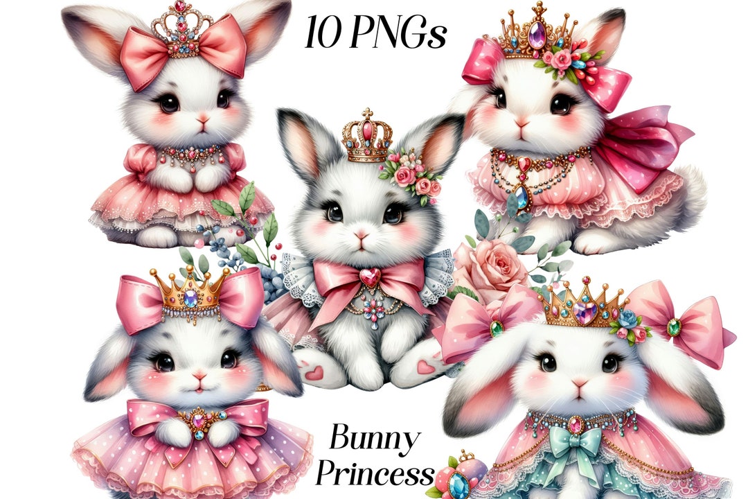 Watercolor Bunny Princess Clipart, 10 PNG Files, Cute Baby Bunny, Royal ...