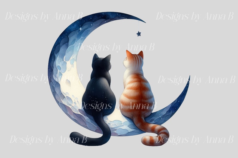 Watercolor Cats Clipart: Celestial Moon PNG Graphics (digital Download ...