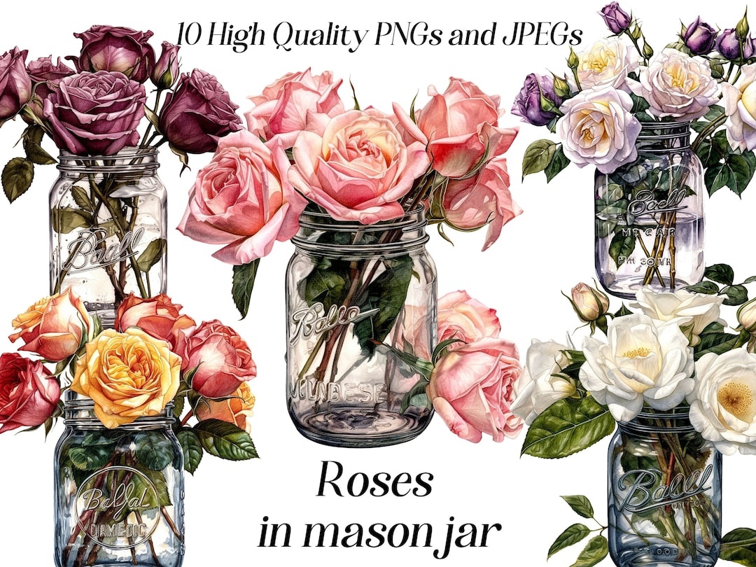 Watercolor Roses Clipart: Mason Jar Bouquet (digital Download) - Etsy