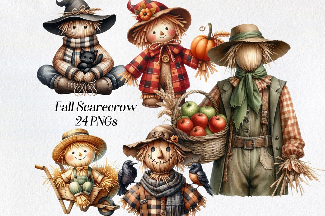 Scarecrow Clipart – Fall Harvest PNG Set, Farmhouse Style (24 Files ...