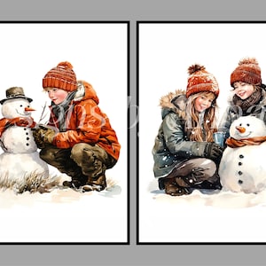 Watercolor Kids Building Snowman Clipart, 10 High Quality JPEG and PNG ...