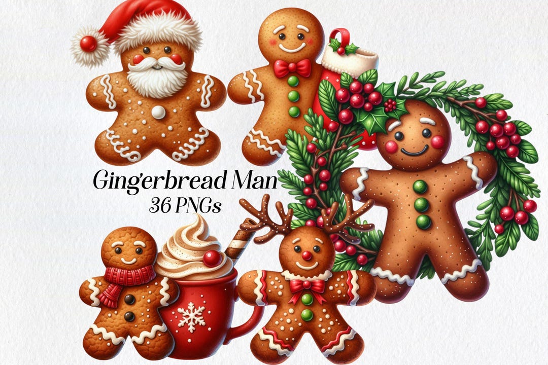 Gingerbread Man Clipart: 36 Christmas PNG Illustrations (digital ...
