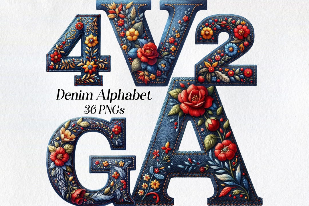 Denim Alphabet Clipart: Watercolor Embroidered Letters (digital ...