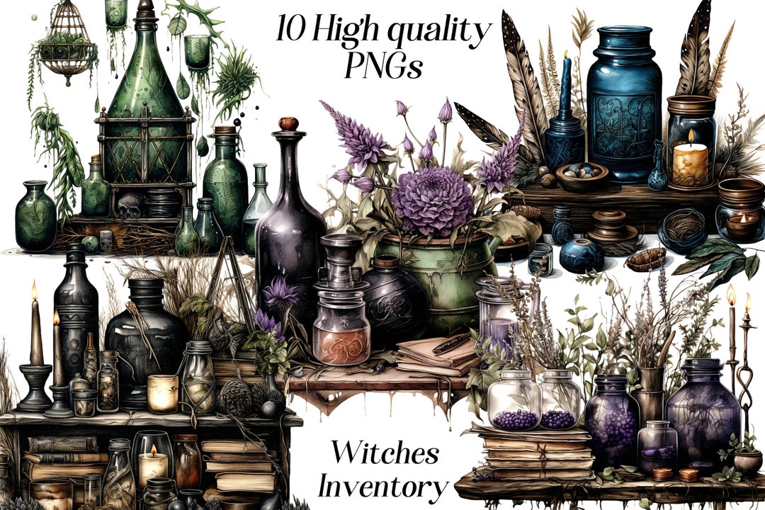 Watercolor Witches Inventory Clipart, 10 High Quality PNG Files ...