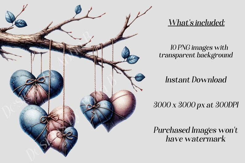 Watercolor Hanging Hearts Clipart: Valentine's Day PNG Graphics ...