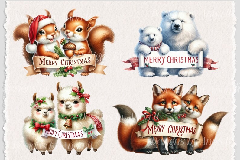 Watercolor Christmas Animals Clipart: Holiday PNG Graphics (digital ...