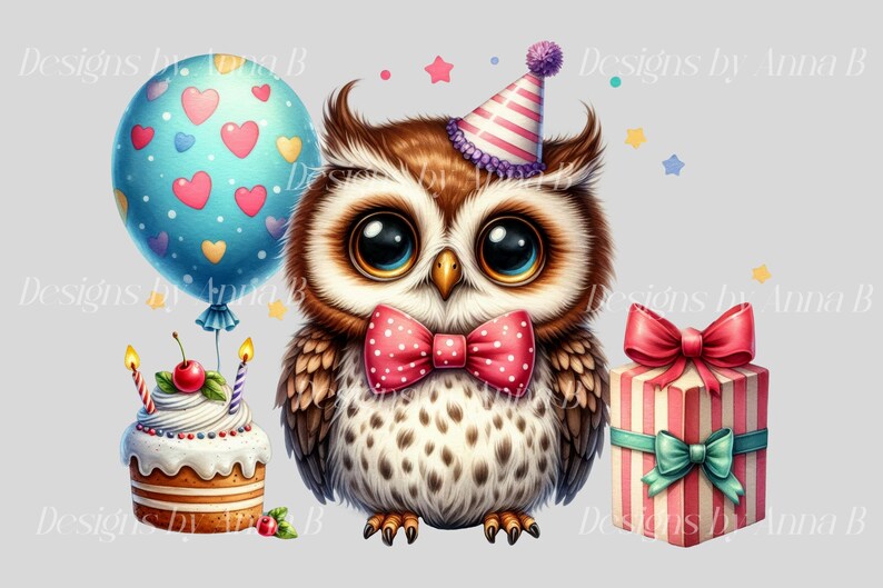 Watercolor Birthday Owl Clipart, Party Graphics (13 PNG Files) - Etsy