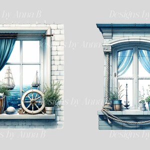 Watercolor Nautical Window Clipart: Ocean View PNG Graphics (digital ...