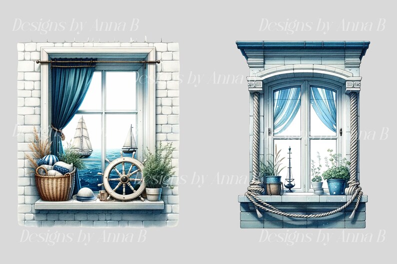 Watercolor Nautical Window Clipart: Ocean View PNG Graphics (digital ...