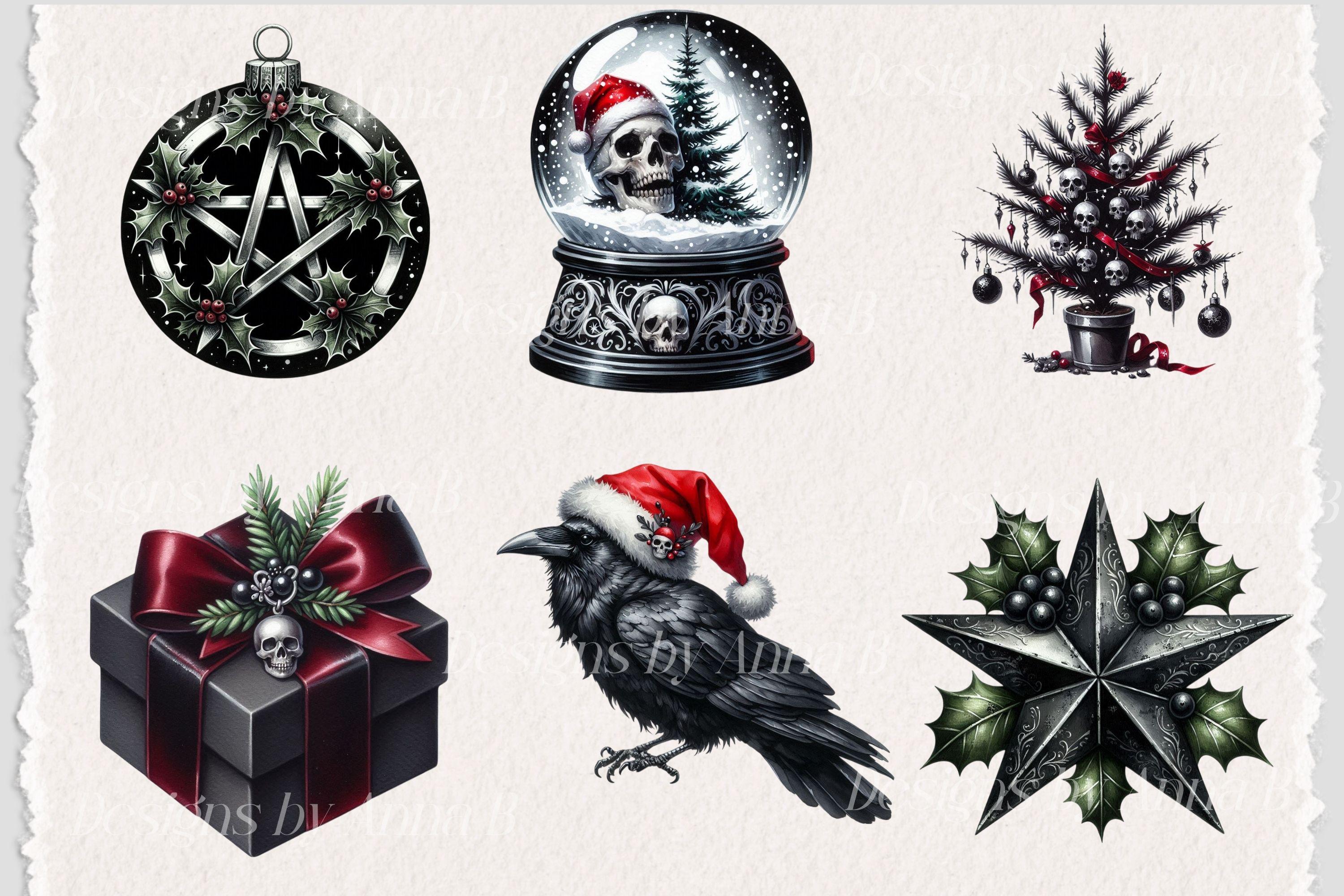 Gothic Christmas Clipart: Watercolor Skull, Raven PNG Graphics (digital ...