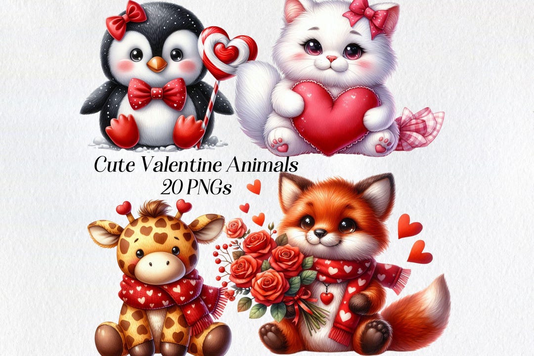 Valentine Cute Animals Clipart, Watercolor Clip Art, Png, Love, Hearts ...
