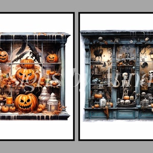 Watercolor Halloween Shop Window Clipart: Spooky Storefront (JPEG, PNG ...