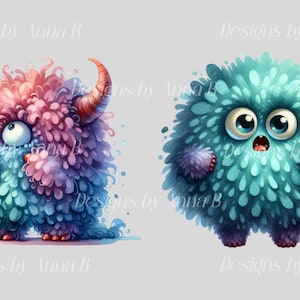Watercolor Cute Monster Clipart, 12 PNG Files, Blue Creature, Digital ...