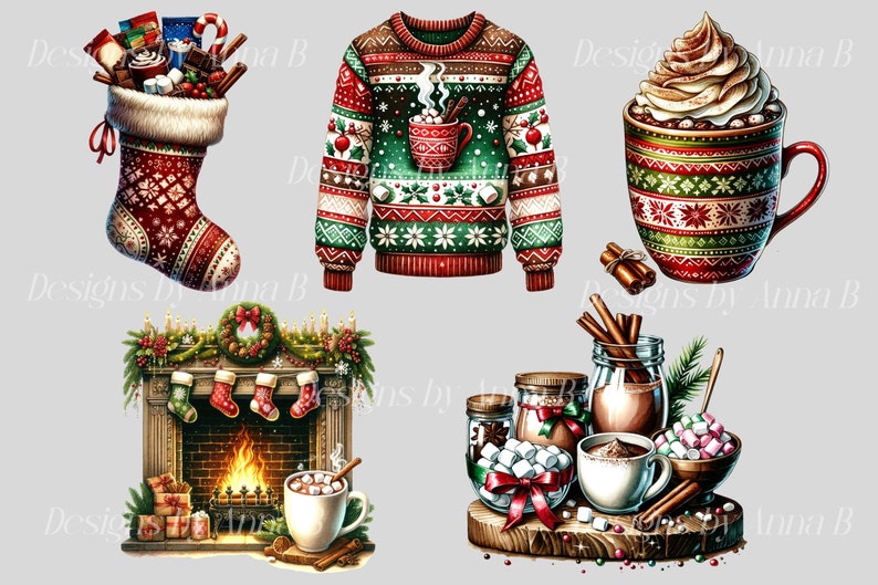 Watercolor Christmas Hot Chocolate Clipart: Festive PNG Graphics (23 ...