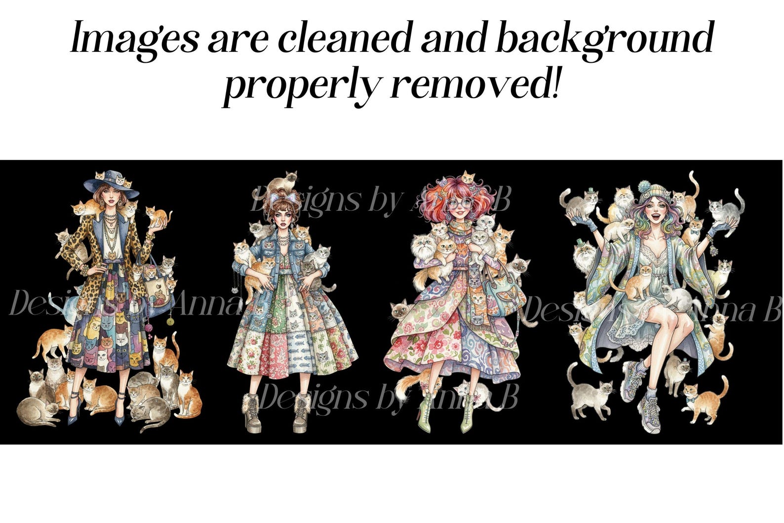 Whimsical Crazy Cat Lady Clipart: Fashion Illustration PNG Set (digital ...