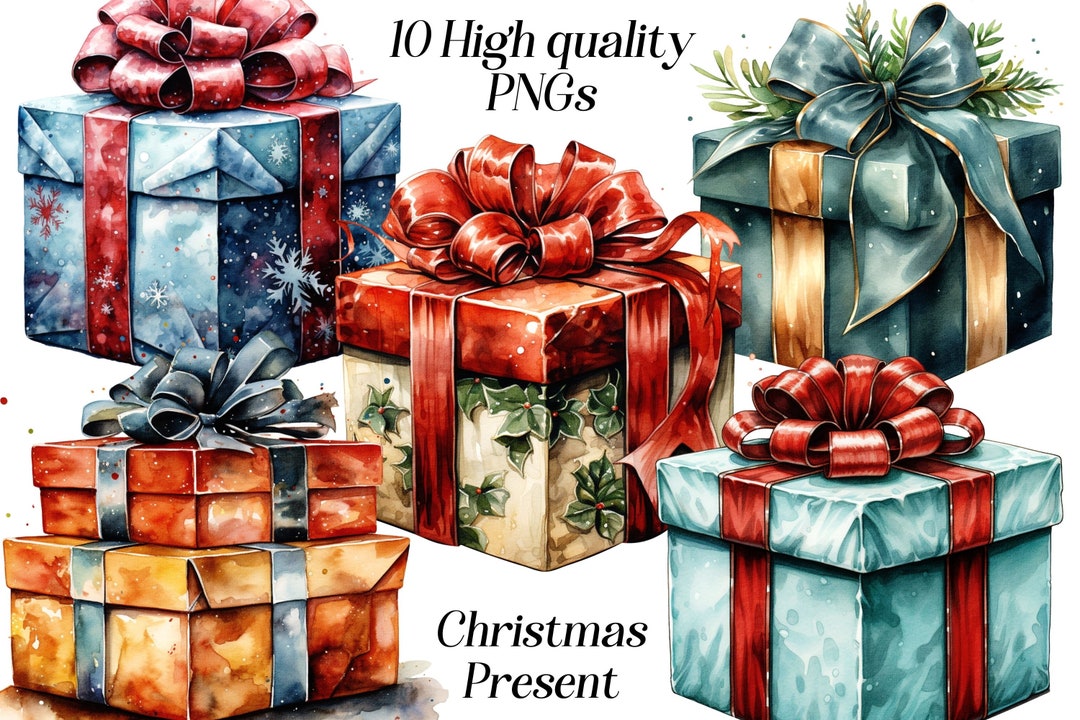 Watercolor Christmas Present Clipart, 10 PNG Files, Christmas Gift Box ...