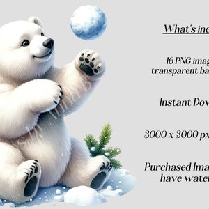 Watercolor Christmas Polar Bear Clipart: Festive PNG Graphics (digital ...