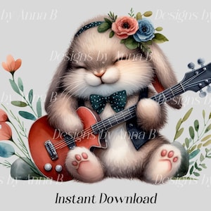 Watercolor Rockstar Bunny Clipart, 13 PNG Files, Cute Bunny, Rocker ...