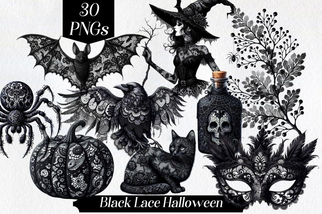 Black Lace Halloween Clipart: Gothic Witchy PNG Images (digital ...