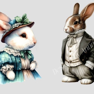 Watercolor Victorian Bunny Clipart, 10 High Quality PNG Files ...