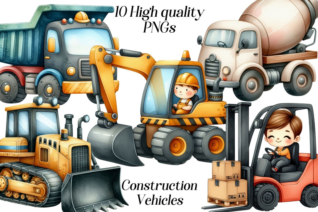 Watercolor Cute Construction Vehicles Clipart, 10 PNG Files, Building ...