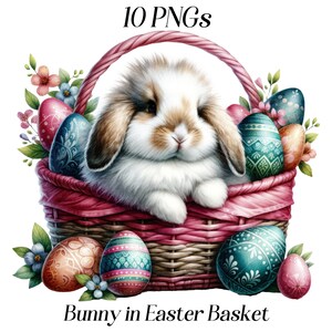 Watercolor Bunny in Easter Basket Clipart, 10 High Quality PNG Files ...