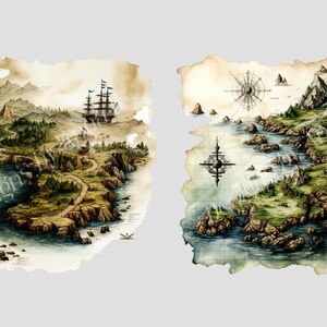 Watercolor Nautical Map Clipart: Vintage Treasure Map Graphics (PNG ...