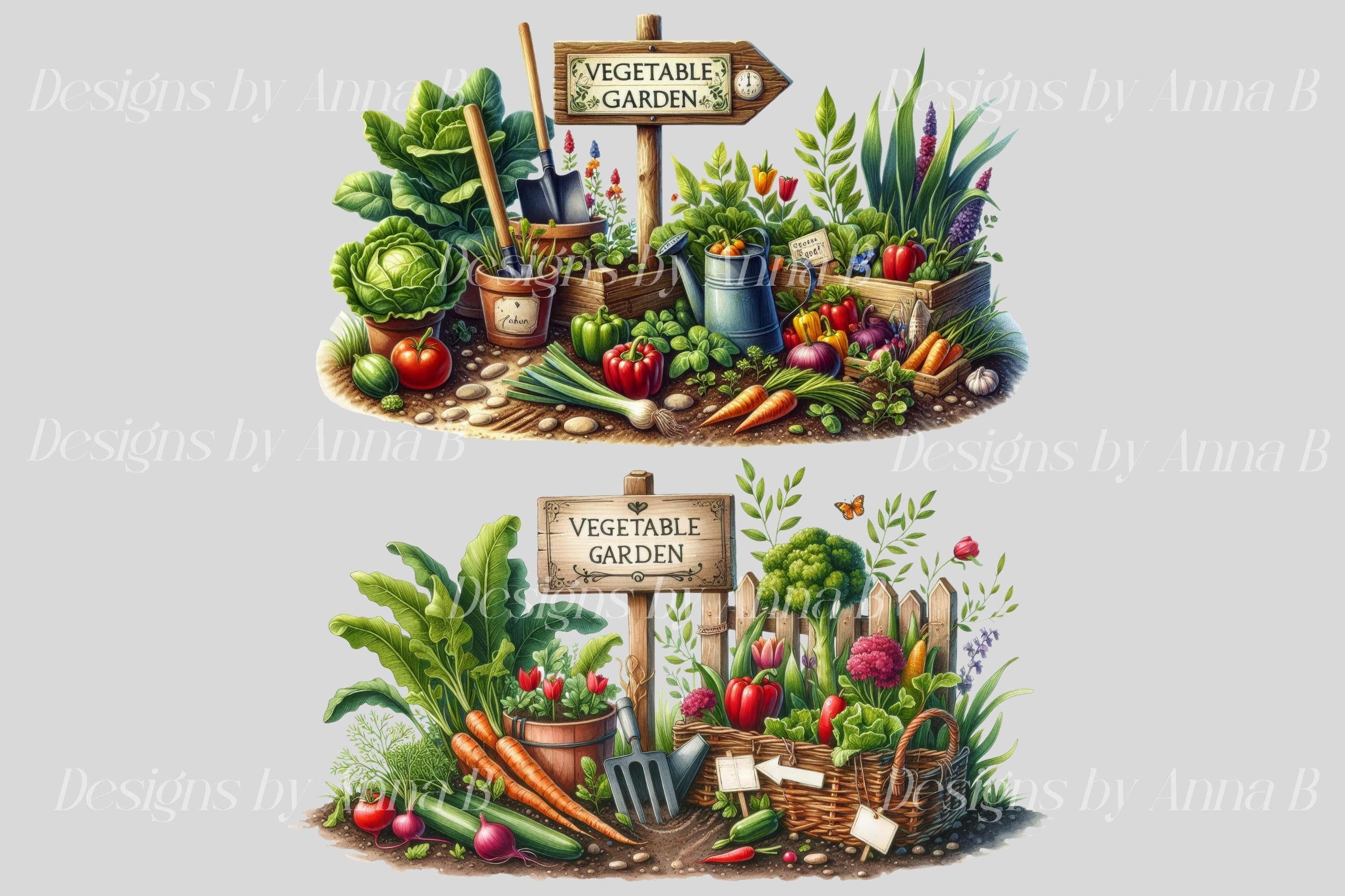 Watercolor Garden Clipart: Vegetable Patch PNG Images (digital Download ...