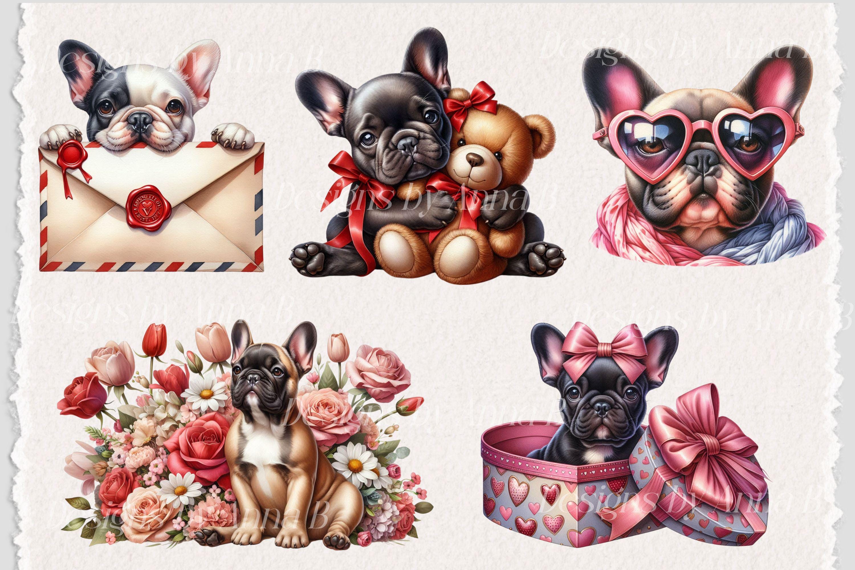 Valentine French Bulldog Clipart: Watercolor Love Dog PNG (digital ...