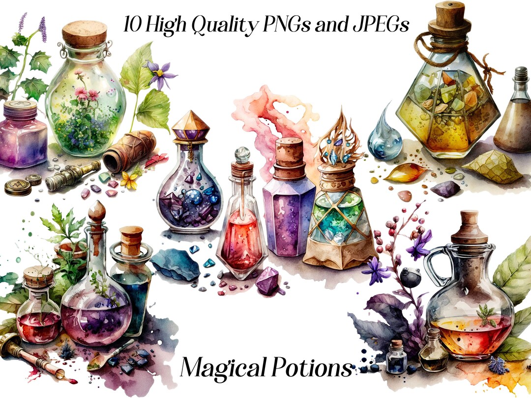 Watercolor Magical Potions Clipart, 10 High Quality JPEG and PNG Files ...