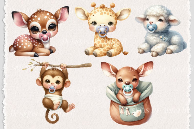 Baby Animals With Pacifiers Clipart: Nursery PNG Set (digital Download ...