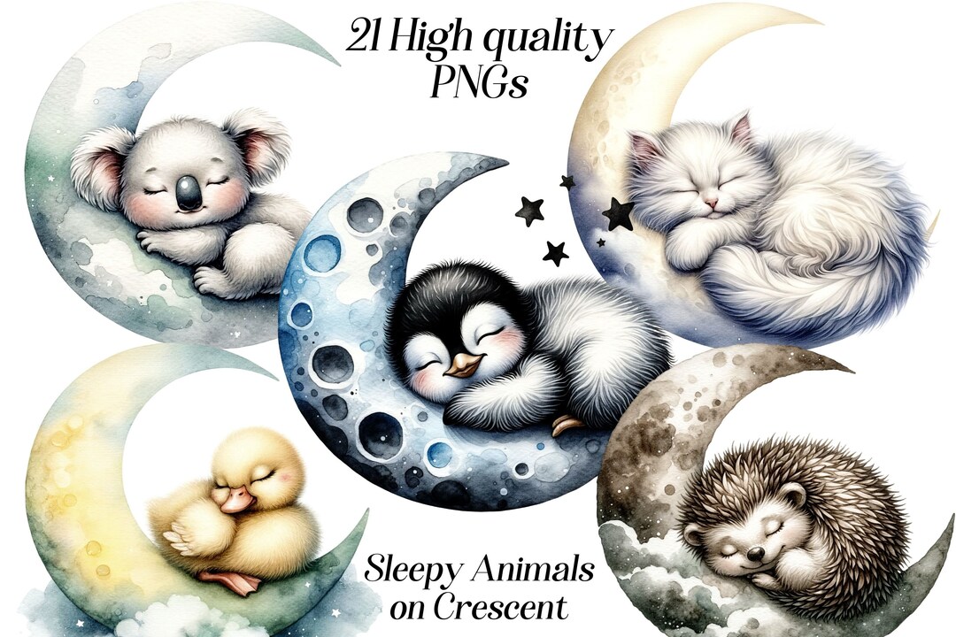 Watercolor Sleepy Animals on Crescent Moon Clipart (PNG Files) - Etsy