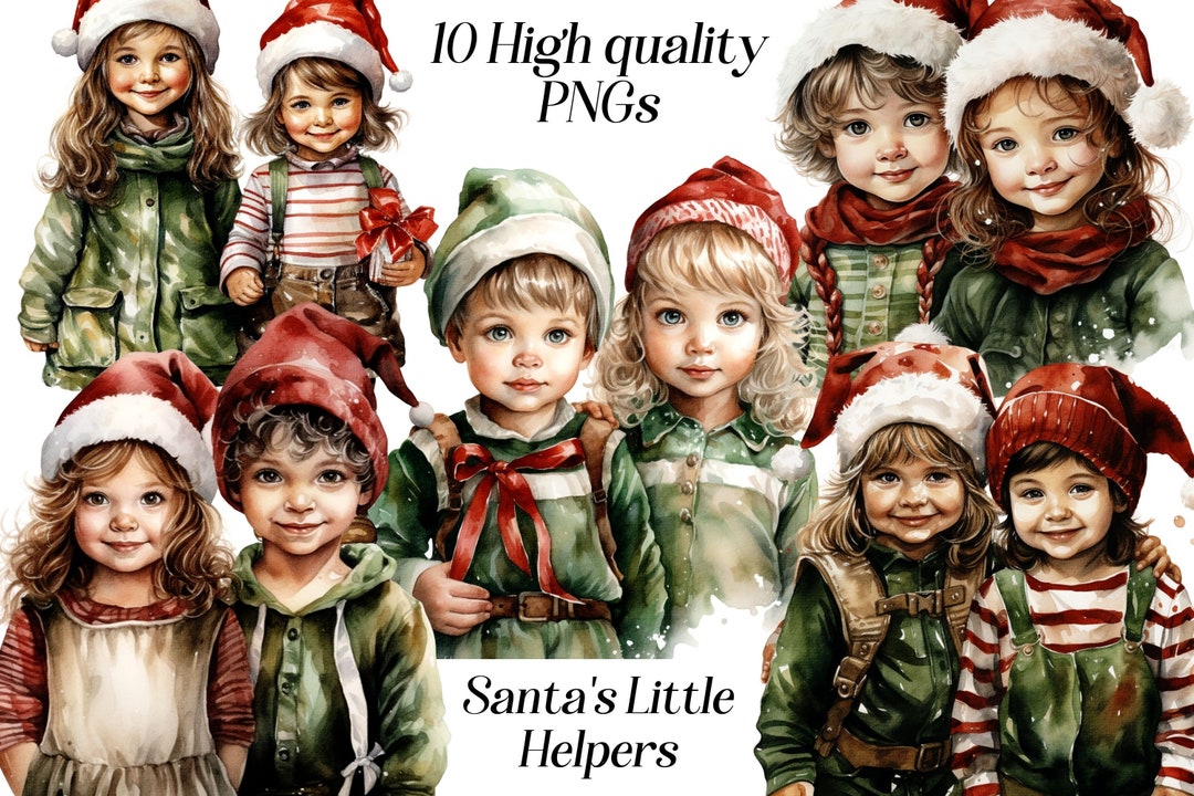 Watercolor Santa's Helpers Clipart, 10 High Quality PNG Files ...