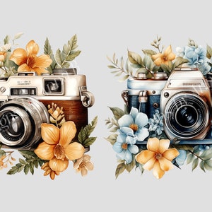 Watercolor Floral Vintage Camera Clipart, 10 High Quality PNG Files ...