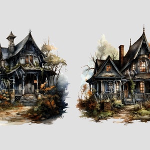 Watercolor Haunted Cottage Clipart, 10 High Quality PNG Files ...