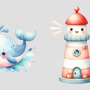 Watercolor Cute Nautical Clipart, 12 High Quality PNG Files, Ocean ...