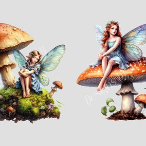 Watercolor Fairy on Mushroom Clipart, 10 High Quality PNG Files ...