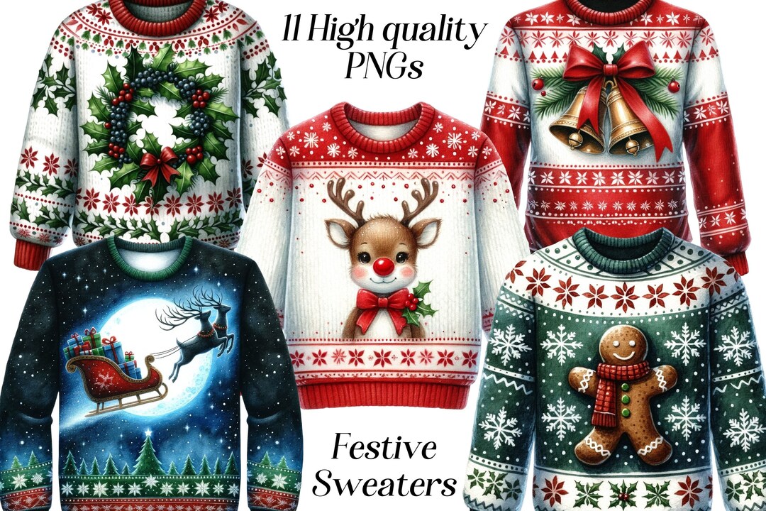 Watercolor Festive Sweaters Clipart, 11 High Quality PNG Files ...